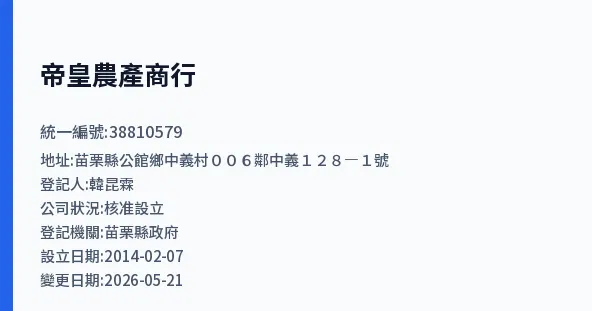 帝皇農產商行的照片-統編 38810579(苗栗縣) 公司登記資料與營業項目詳細圖表