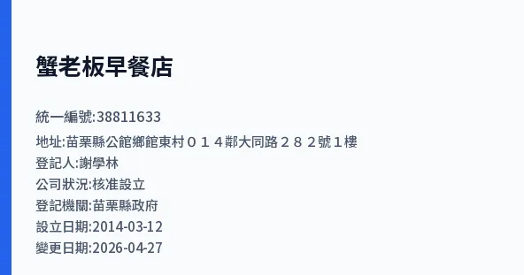 蟹老板早餐店的照片-統編 38811633(苗栗縣) 公司登記資料與營業項目詳細圖表