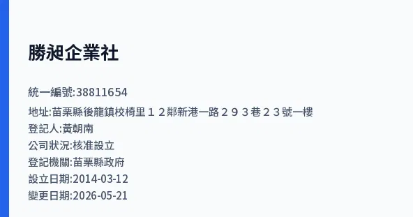 勝昶企業社的照片-統編 38811654(苗栗縣) 公司登記資料與營業項目詳細圖表