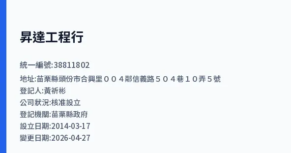 昇達工程行的照片-統編 38811802(苗栗縣) 公司登記資料與營業項目詳細圖表