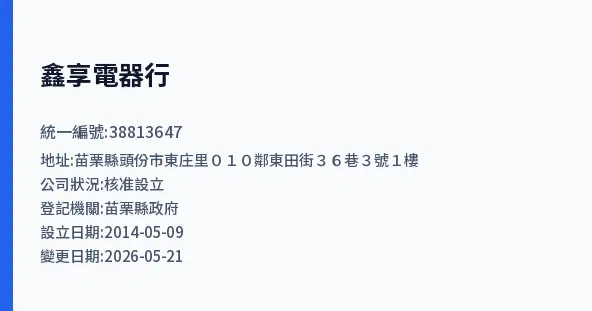 鑫享電器行的照片-統編 38813647(苗栗縣) 公司登記資料與營業項目詳細圖表