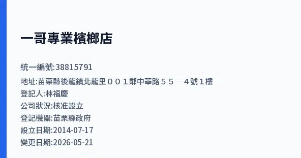 一哥專業檳榔店的照片-統編 38815791(苗栗縣) 公司登記資料與營業項目詳細圖表