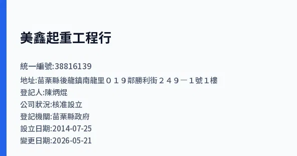 美鑫起重工程行的照片-統編 38816139(苗栗縣) 公司登記資料與營業項目詳細圖表
