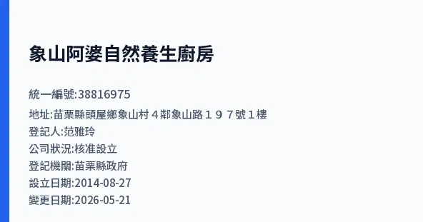 象山阿婆自然養生廚房的照片-統編 38816975(苗栗縣) 公司登記資料與營業項目詳細圖表