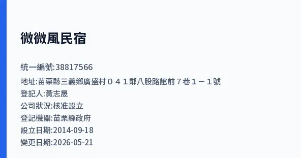 微微風民宿的照片-統編 38817566(苗栗縣) 公司登記資料與營業項目詳細圖表