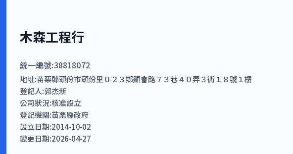 木森工程行的照片-統編 38818072(苗栗縣) 公司登記資料與營業項目詳細圖表