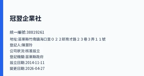 冠翌企業社的照片-統編 38819261(苗栗縣) 公司登記資料與營業項目詳細圖表