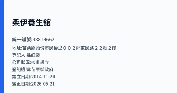 柔伊養生舘的照片-統編 38819662(苗栗縣) 公司登記資料與營業項目詳細圖表