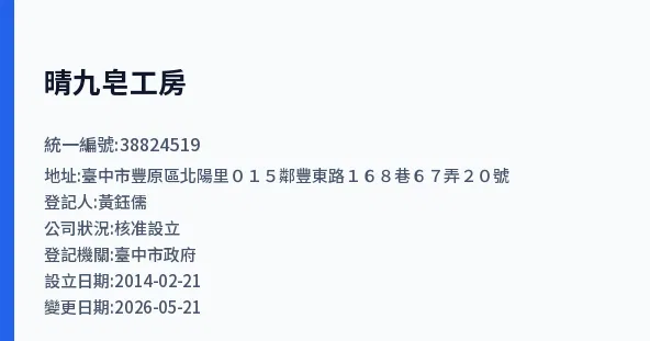 晴九皂工房的照片-統編 38824519(臺中市) 公司登記資料與營業項目詳細圖表