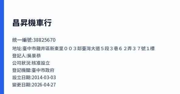 昌昇機車行的照片-統編 38825670(臺中市) 公司登記資料與營業項目詳細圖表