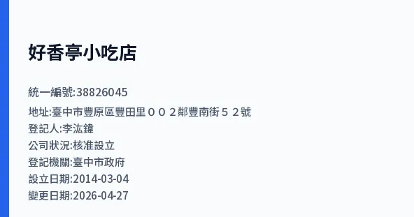 好香亭小吃店的照片-統編 38826045(臺中市) 公司登記資料與營業項目詳細圖表