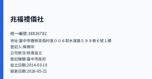 兆福禮儀社的照片-統編 38826782(臺中市) 公司登記資料與營業項目詳細圖表