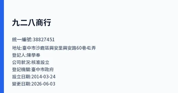 九二八商行的照片-統編 38827451(臺中市) 公司登記資料與營業項目詳細圖表