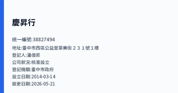 慶昇行的照片-統編 38827494(臺中市) 公司登記資料與營業項目詳細圖表