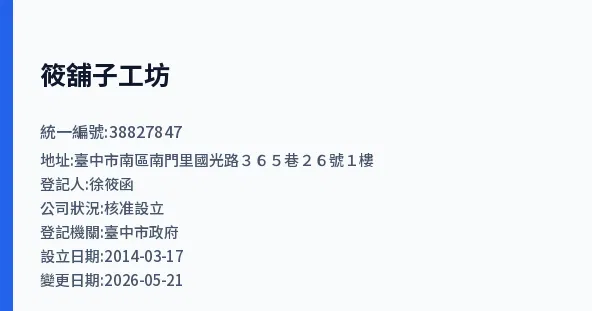 筱舖子工坊的照片-統編 38827847(臺中市) 公司登記資料與營業項目詳細圖表