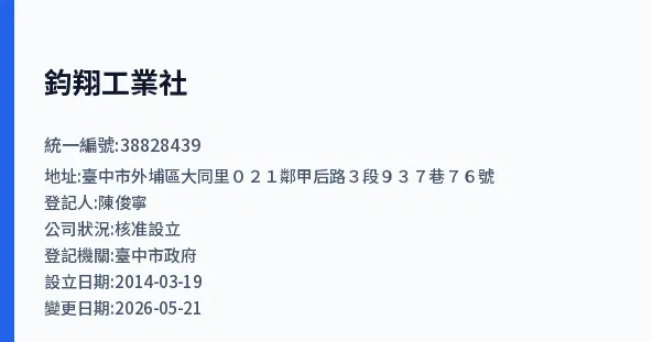 鈞翔工業社的照片-統編 38828439(臺中市) 公司登記資料與營業項目詳細圖表