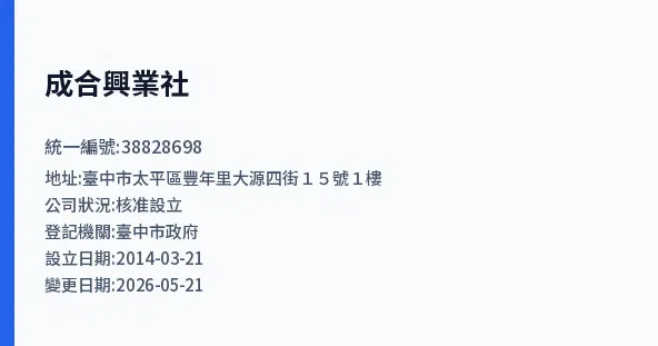 成合興業社的照片-統編 38828698(臺中市) 公司登記資料與營業項目詳細圖表