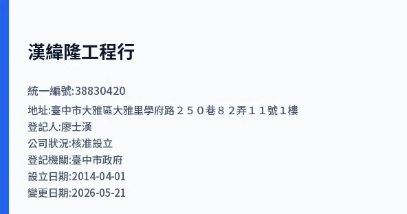 漢緯隆工程行的照片-統編 38830420(臺中市) 公司登記資料與營業項目詳細圖表
