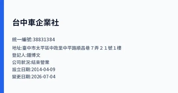 台中車企業社的照片-統編 38831384(臺中市) 公司登記資料與營業項目詳細圖表