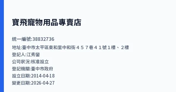 寶飛寵物用品專賣店的照片-統編 38832736(臺中市) 公司登記資料與營業項目詳細圖表