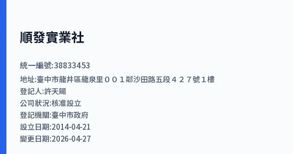 順發實業社的照片-統編 38833453(臺中市) 公司登記資料與營業項目詳細圖表