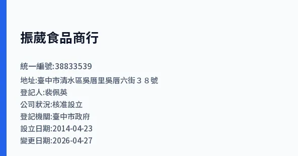 振葳食品商行的照片-統編 38833539(臺中市) 公司登記資料與營業項目詳細圖表