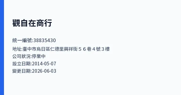 觀自在商行的照片-統編 38835430(臺中市) 公司登記資料與營業項目詳細圖表