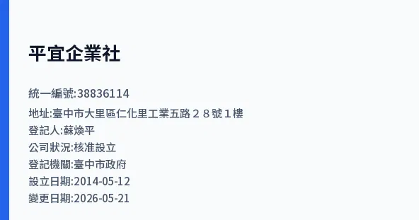 平宜企業社的照片-統編 38836114(臺中市) 公司登記資料與營業項目詳細圖表