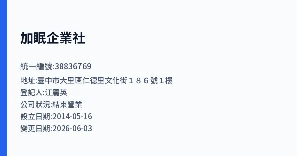 加眠企業社的照片-統編 38836769(臺中市) 公司登記資料與營業項目詳細圖表