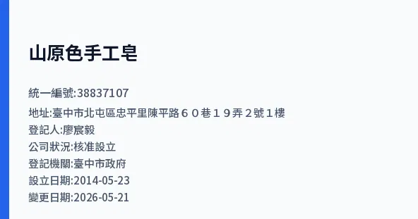 山原色手工皂的照片-統編 38837107(臺中市) 公司登記資料與營業項目詳細圖表