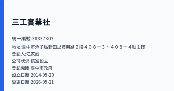 三工實業社的照片-統編 38837303(臺中市) 公司登記資料與營業項目詳細圖表