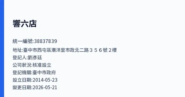 響六店的照片-統編 38837839(臺中市) 公司登記資料與營業項目詳細圖表