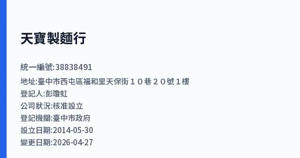天寶製麵行的照片-統編 38838491(臺中市) 公司登記資料與營業項目詳細圖表