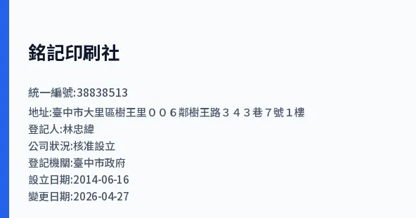 銘記印刷社的照片-統編 38838513(臺中市) 公司登記資料與營業項目詳細圖表
