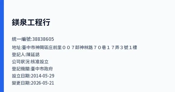 鎂泉工程行的照片-統編 38838605(臺中市) 公司登記資料與營業項目詳細圖表