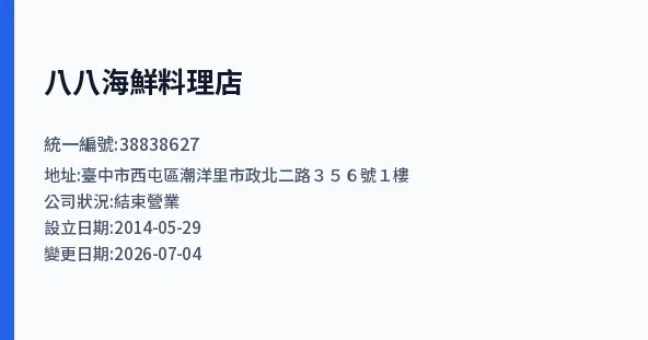 八八海鮮料理店的照片-統編 38838627(臺中市) 公司登記資料與營業項目詳細圖表