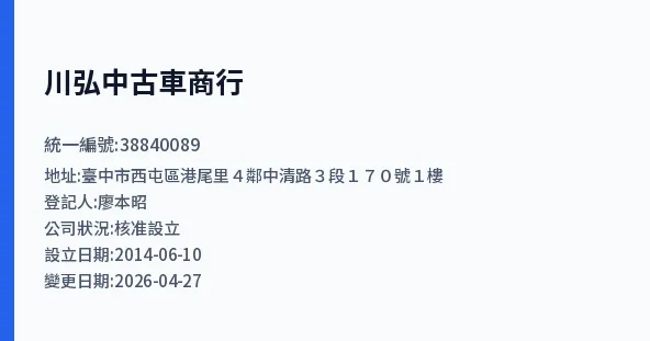 川弘中古車商行的照片-統編 38840089(臺中市) 公司登記資料與營業項目詳細圖表
