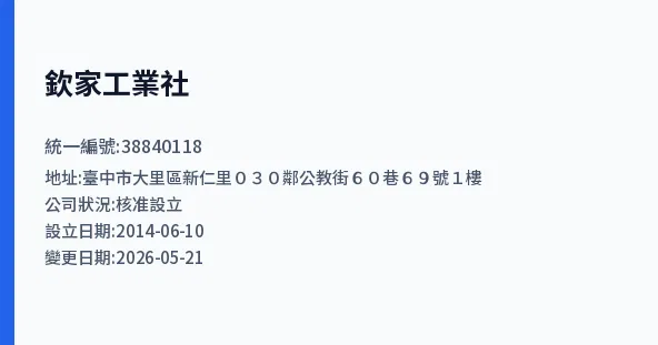 欽家工業社的照片-統編 38840118(臺中市) 公司登記資料與營業項目詳細圖表