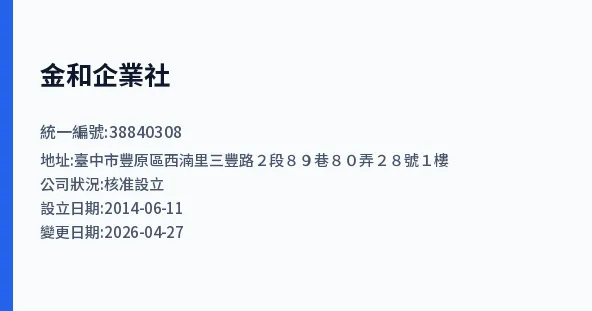金和企業社的照片-統編 38840308(臺中市) 公司登記資料與營業項目詳細圖表