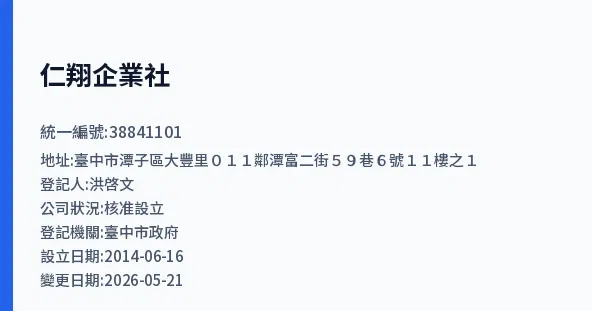 仁翔企業社的照片-統編 38841101(臺中市) 公司登記資料與營業項目詳細圖表
