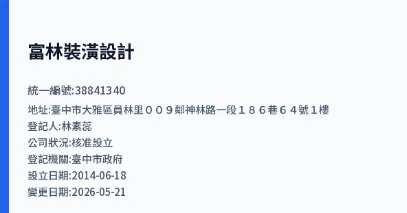 富林裝潢設計的照片-統編 38841340(臺中市) 公司登記資料與營業項目詳細圖表