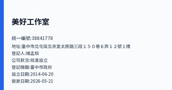 美好工作室的照片-統編 38841778(臺中市) 公司登記資料與營業項目詳細圖表