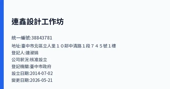 連鑫設計工作坊的照片-統編 38843781(臺中市) 公司登記資料與營業項目詳細圖表