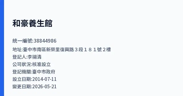 和豪養生館的照片-統編 38844986(臺中市) 公司登記資料與營業項目詳細圖表