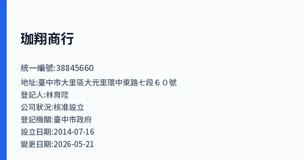 珈翔商行的照片-統編 38845660(臺中市) 公司登記資料與營業項目詳細圖表
