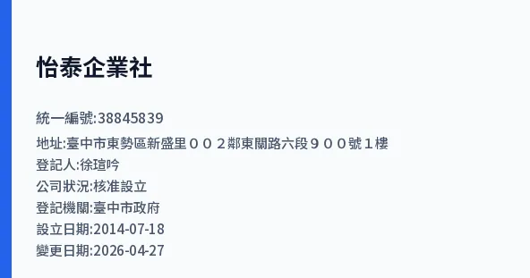 怡泰企業社的照片-統編 38845839(臺中市) 公司登記資料與營業項目詳細圖表