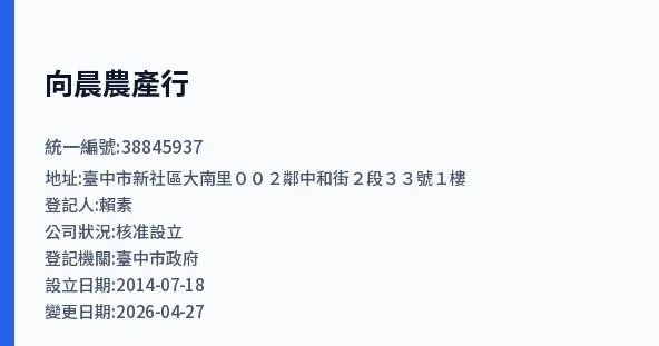 向晨農產行的照片-統編 38845937(臺中市) 公司登記資料與營業項目詳細圖表
