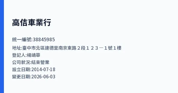 高佶車業行的照片-統編 38845985(臺中市) 公司登記資料與營業項目詳細圖表
