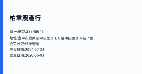 柏章農產行的照片-統編 38846648(臺中市) 公司登記資料與營業項目詳細圖表