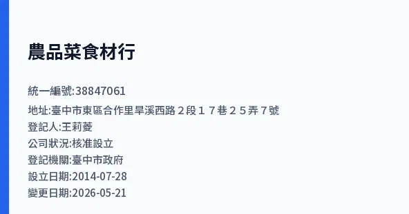 農品菜食材行的照片-統編 38847061(臺中市) 公司登記資料與營業項目詳細圖表
